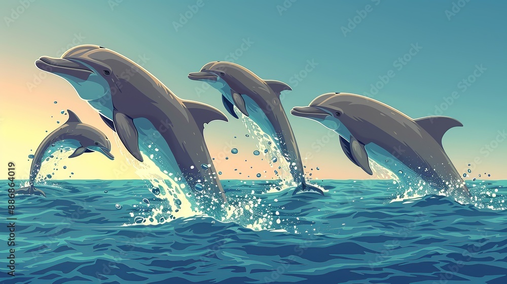Lively illustration of a pod of dolphins leaping out of the water, with ...