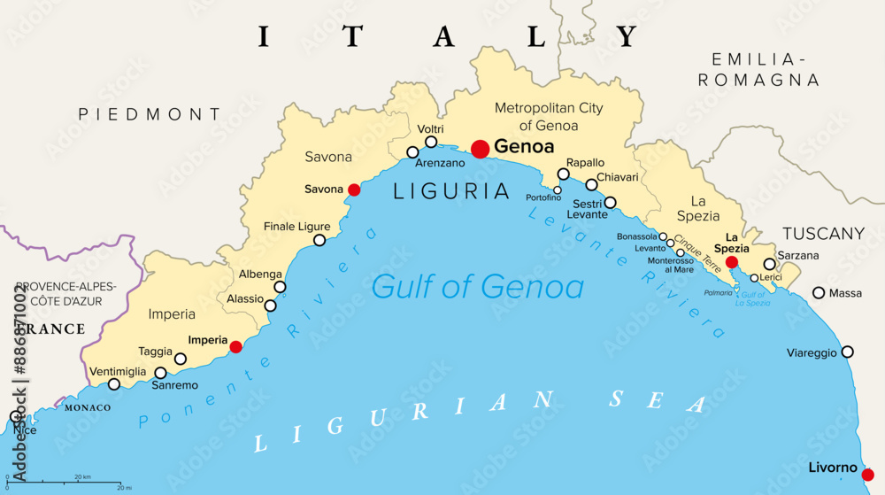 Liguria and the Italian Riviera, the Ligurian Riviera, political map ...