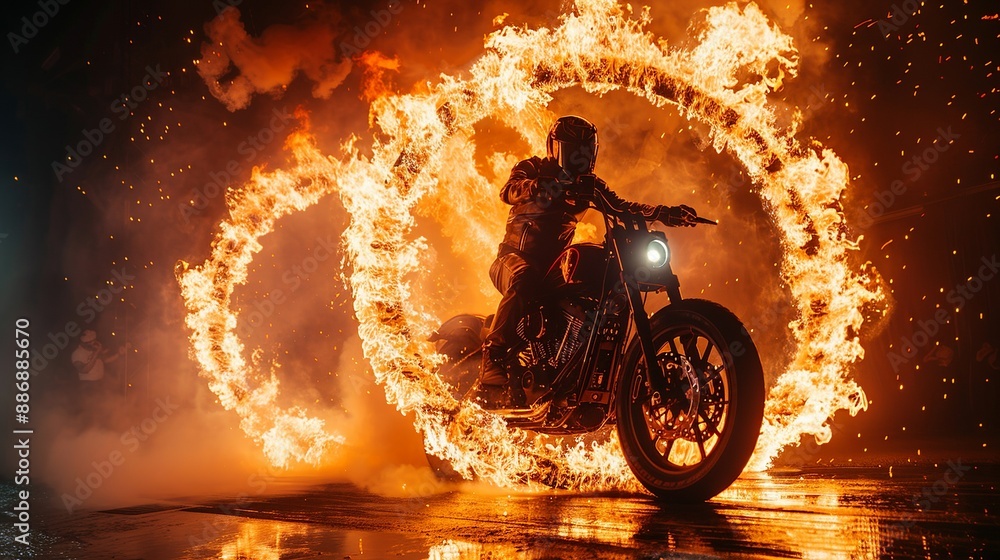 Thrilling moment of a stunt performer riding a motorcycle through a ...