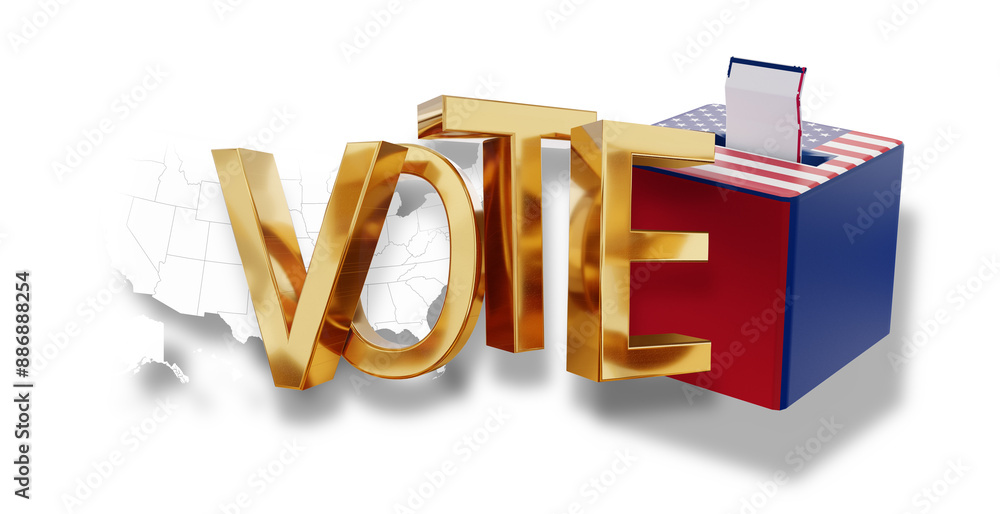 golden word VOTE as bold letters gold metallic and a ballot box with ...