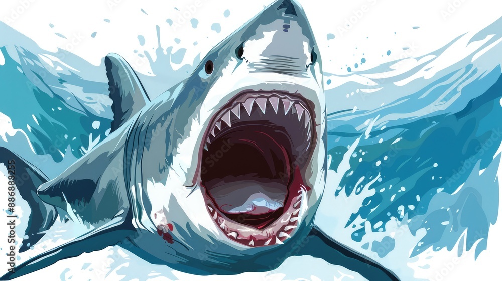 warning sign featuring a shark logo with a great white shark print and ...