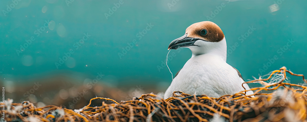 Close-up photo of a bird entangled in marine debris, highlighting the ...