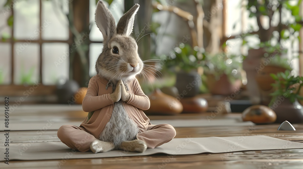 rabbit in yoga attire, leading a yoga class, serene studio setting foto ...
