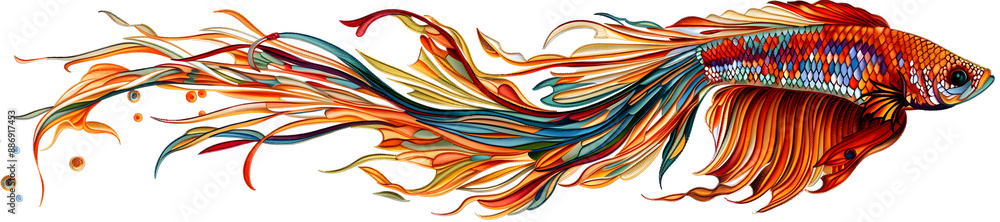 A colorful fish with orange and red tail is jumping out of the water ...