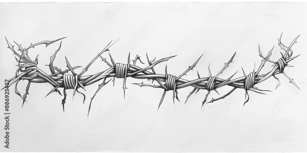 a sketch tattoo design featuring a realistic barbed wire. Use fine ...