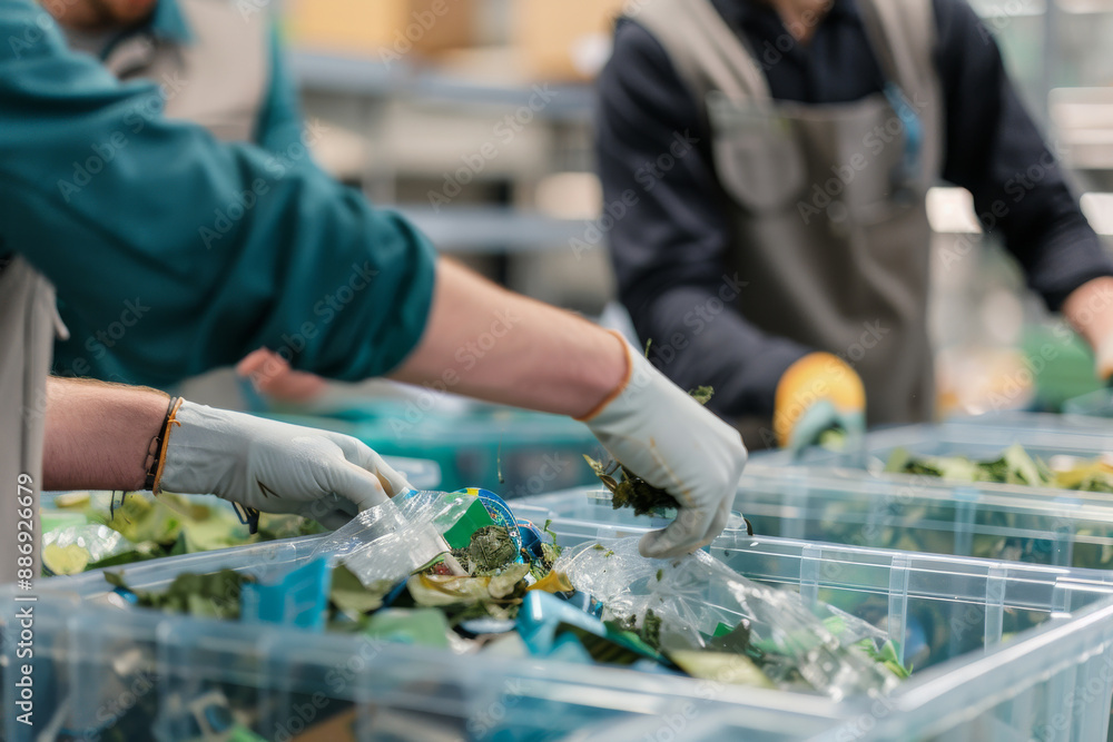 Workers sorting recyclable materials on a conveyor belt at a recycling ...