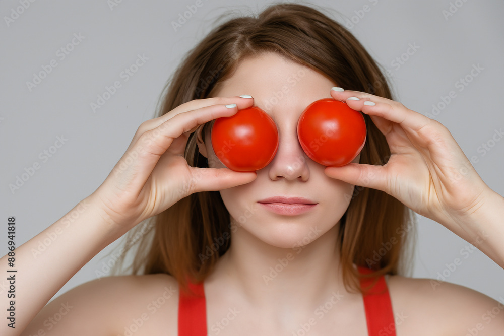 A girl with tightness in her eyes eating tomatoes. Woman beauty face ...