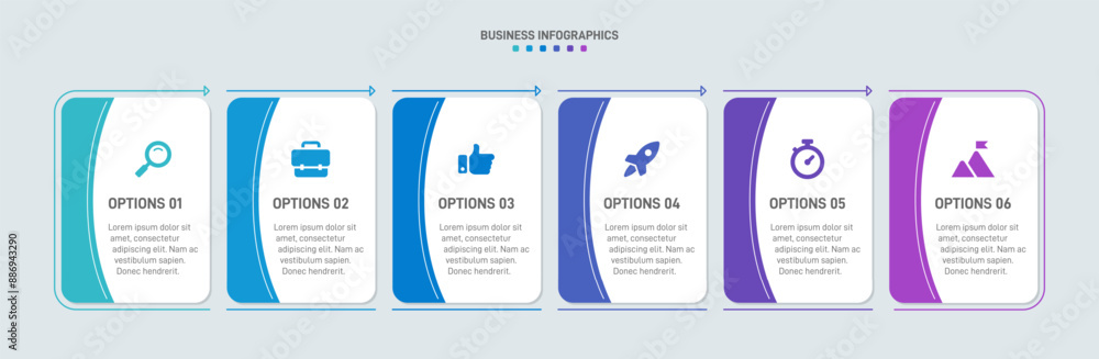 Horizontal progress bar featuring 6 arrow-shaped elements, symbolizing ...