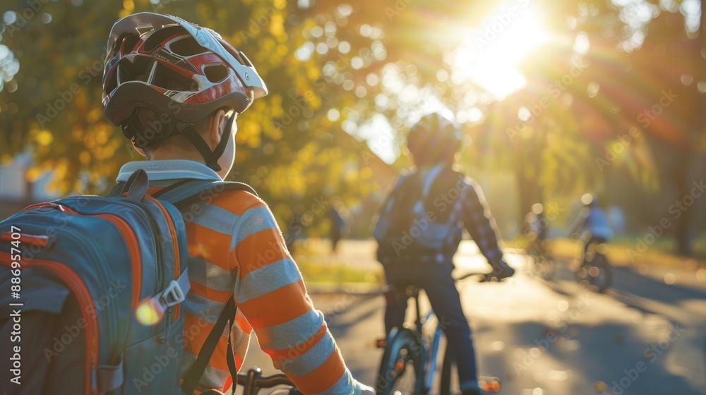 people riding bikes, photo of Boys in helmet riding bike with backpacks ...
