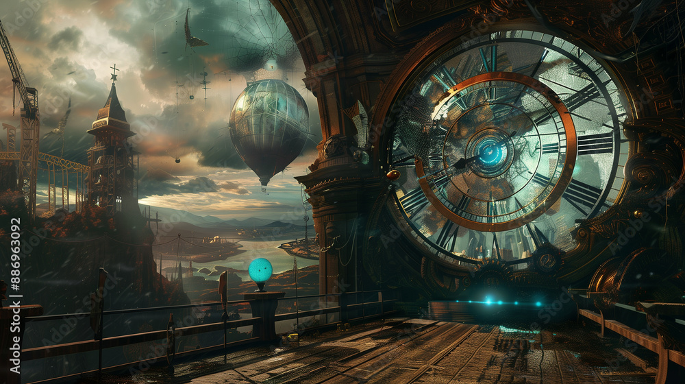 time machine appearing in a historical setting, blending futuristic and ...