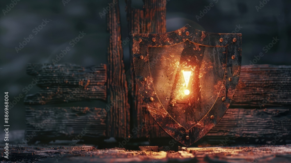 Rust programming language concept illustrated by a rusty shield with a digital glowing checkmark ...