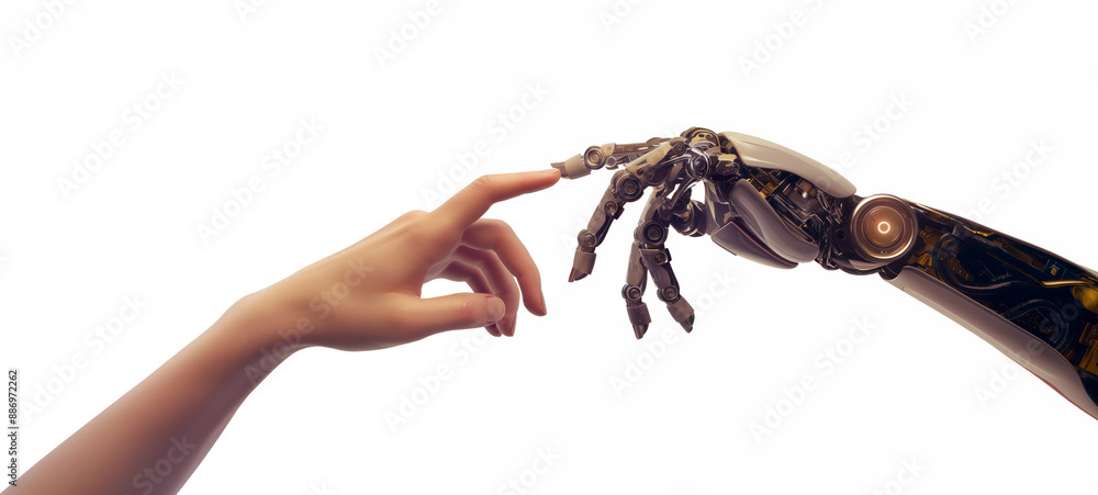 Human hand touching robot hand. Close-up of a human hand reaching out ...