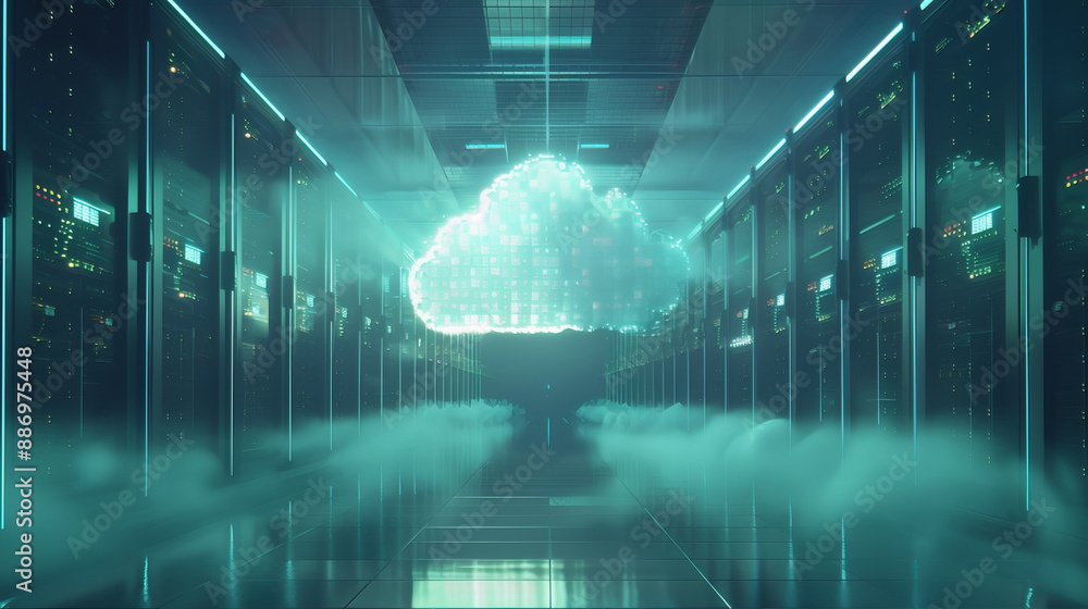 server room, data cloud, data mining illustration, data stream, fog ...