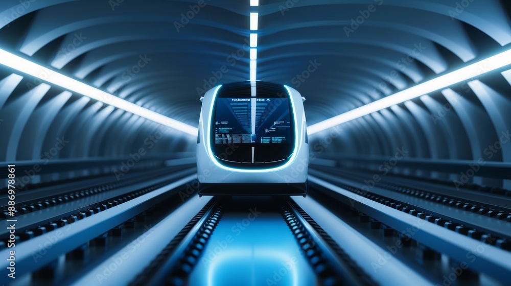 A futuristic monorail system with bioluminescent trains and holographic ...