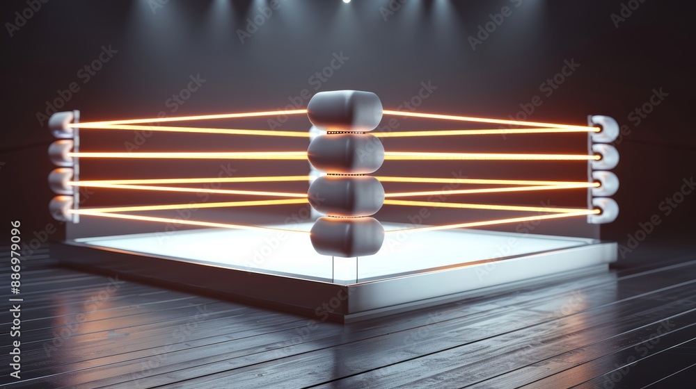 A modern boxing ring with transparent ropes and glowing punch ...