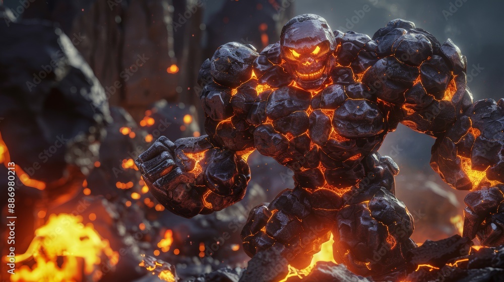 With dramatic chiaroscuro lighting, the primordial lava golem has a ...