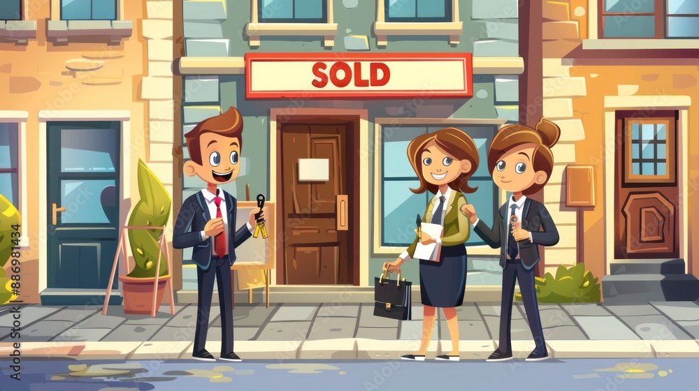 Cartoon-style image showcasing two real estate agents and a client ...
