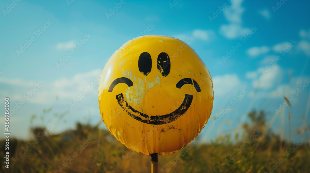 yellow smiley face balloon with black eyes and mouth floating in the ...