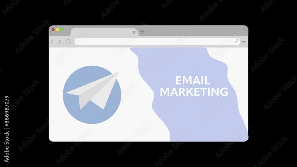 Animated browser window appearing on screen. „Email marketing“ text and ...