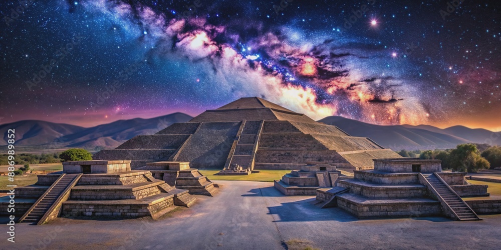 Starry night sky over the ancient pyramids of Teotihuacan, stars ...