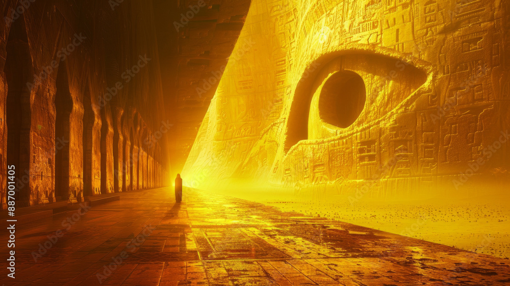 A man is walking down a long hallway with a golden eye in the ...