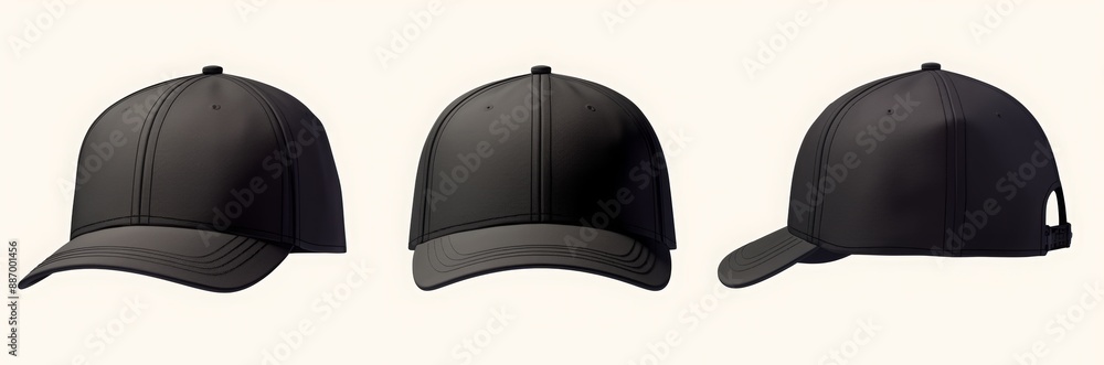 Set of black front and side view hat baseball cap on transparent ...
