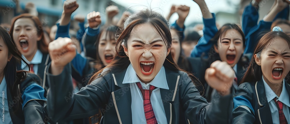 Asian students wearing school uniforms were excited, shouting, raising ...