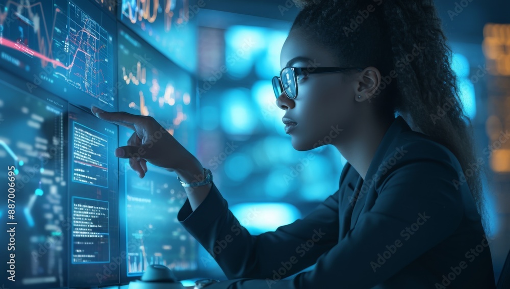 Black female cyber security analyst analysing AI cyberspace threats on ...
