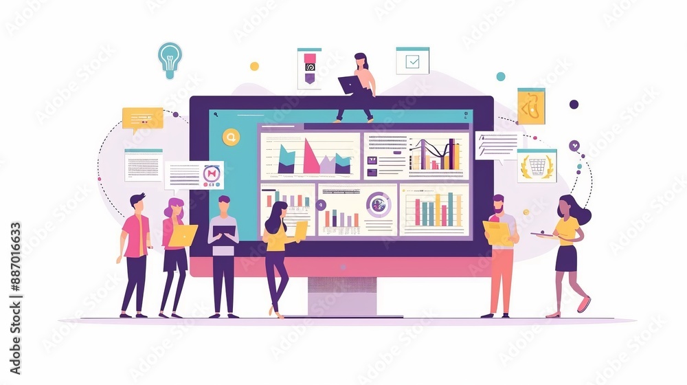 A team of people reviewing and analyzing statistical data, charts, and ...