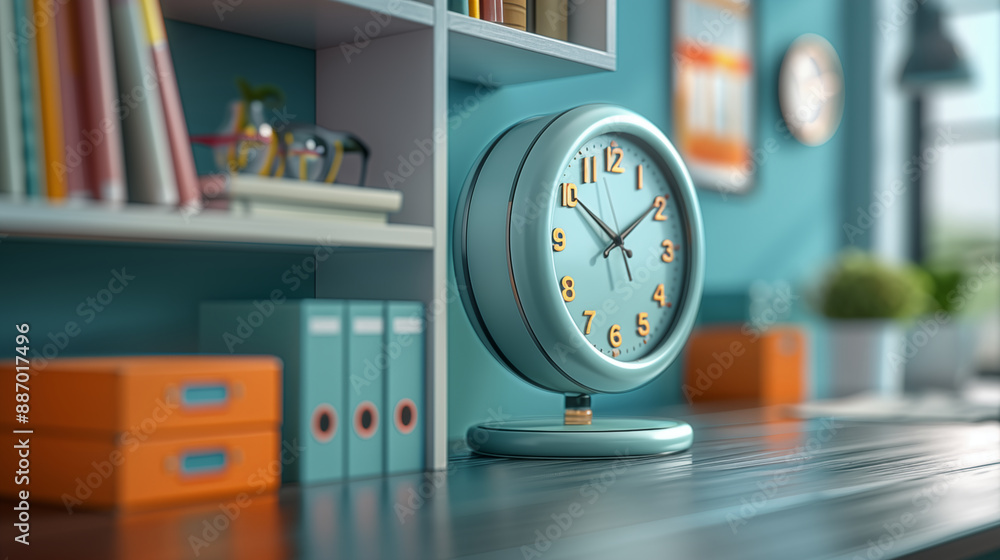 Large colorful clock on an office desk with a backdrop of a multi ...
