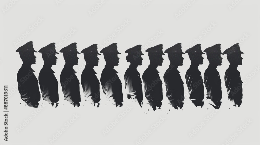 Silhouetted figures of multiple police officers in uniform, standing ...