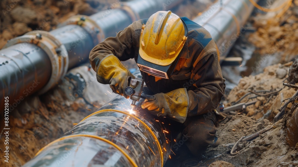 A welder uses industrial tools to weld a pipe. This is part of building ...