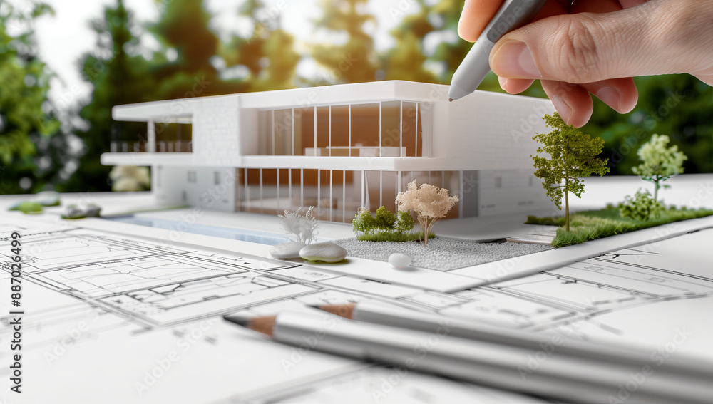 Architectural Precision: Modern House and Detailed Blueprints Stock ...