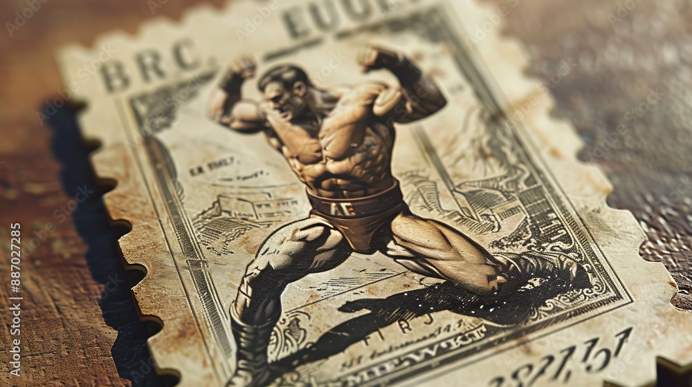 A monochrome illustration stamp of a strongman flexing his muscles in ...