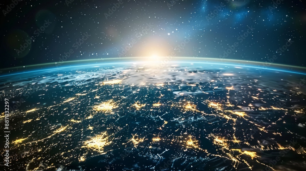 Earth's green surface, dotted with urban skylines, reflects its ...