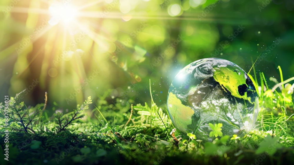 Glass globe representing the Earth is placed in a green forest ...