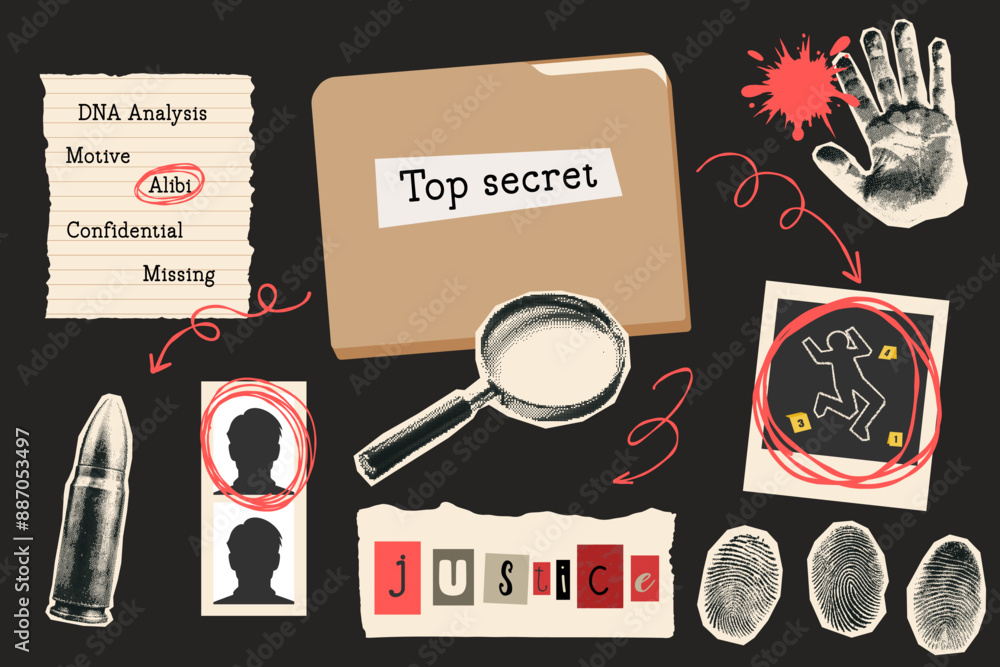 Crime investigation halftone collage. Retro elements like a top-secret ...