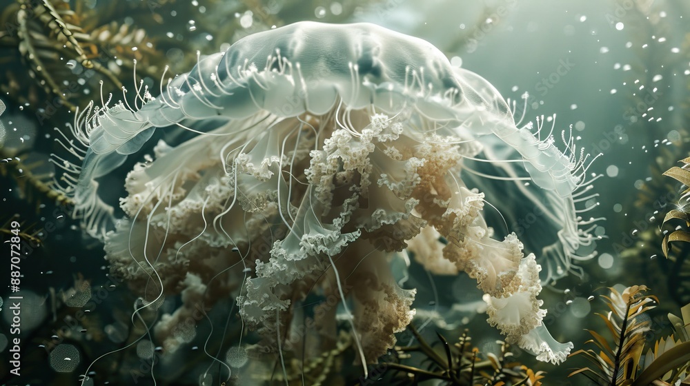 The underside of a moon jellyfish showing the tentacles and frilly oral ...