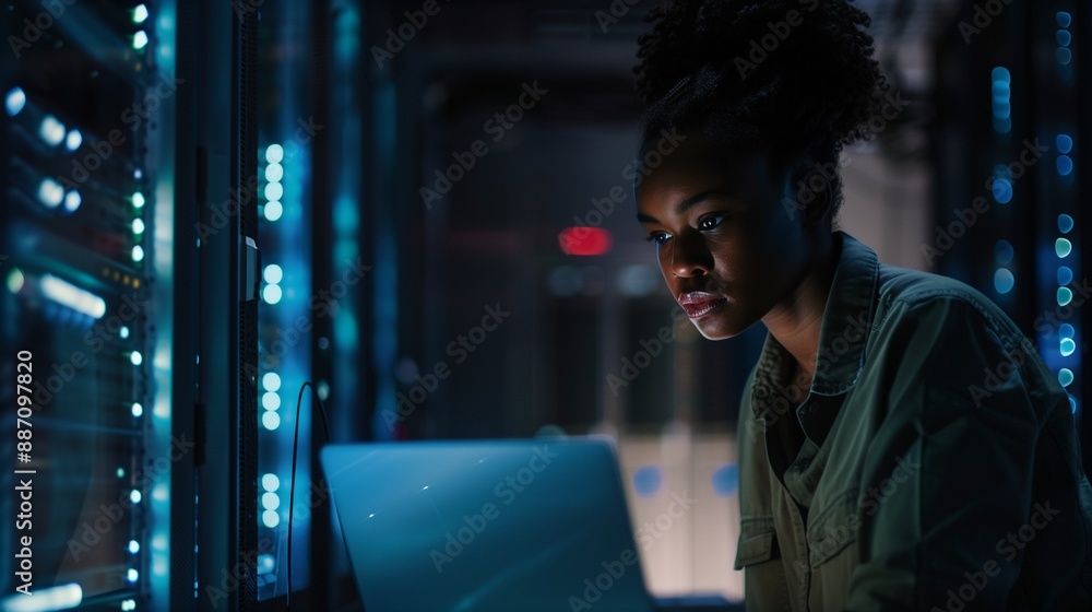 Laptop network and data center with a black woman it support engineer ...