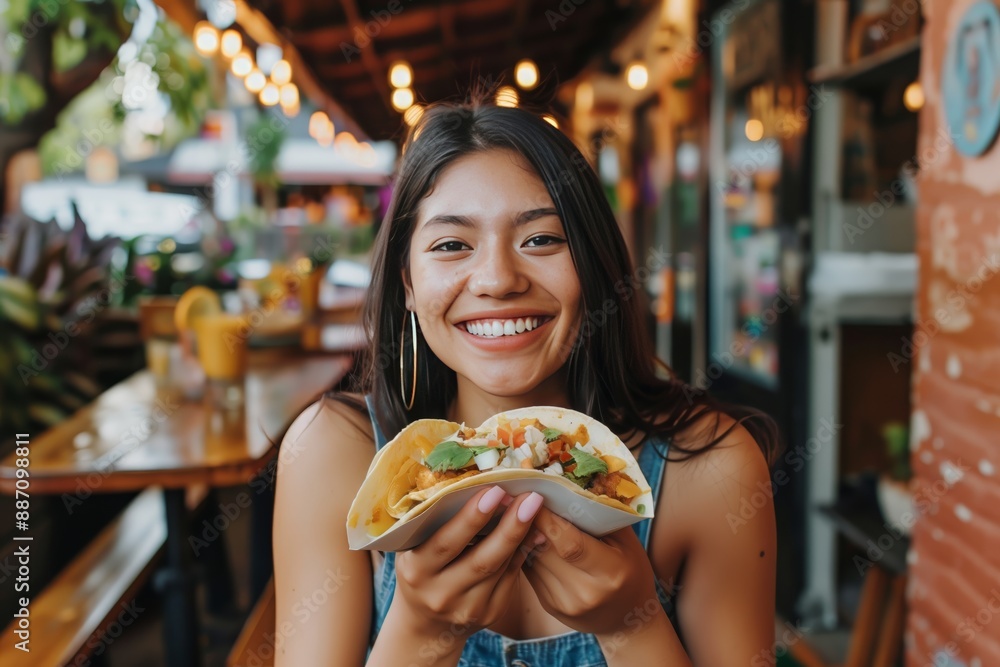 Smiling young pretty mexican girl sitting in restaurant patio and ...