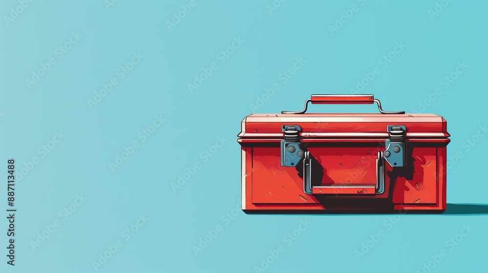 A compact red toolbox casting a shadow on a light blue background ...