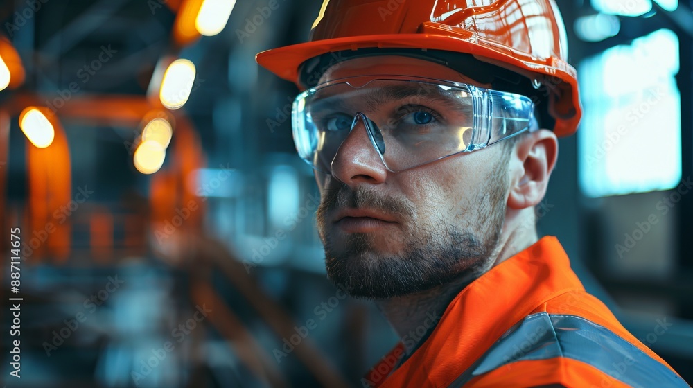 An engineer wearing an orange high-visibility vest and safety glasses ...
