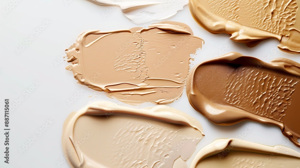 Different shades of makeup foundation are swatched, portraying a range ...