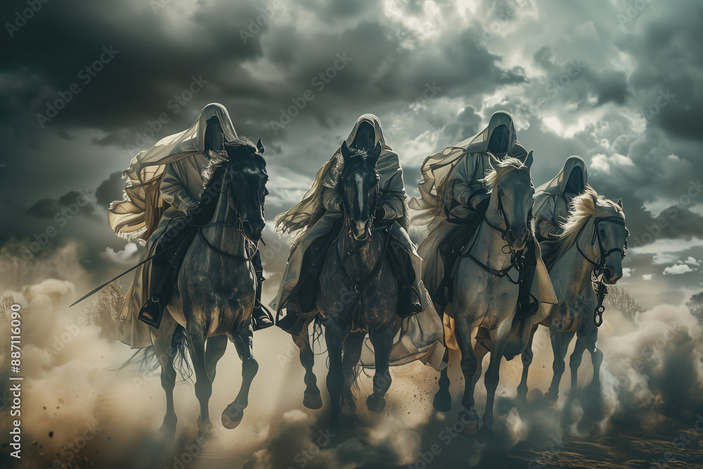 The Four Horsemen of the Apocalypse depicted as menacing riders with ...