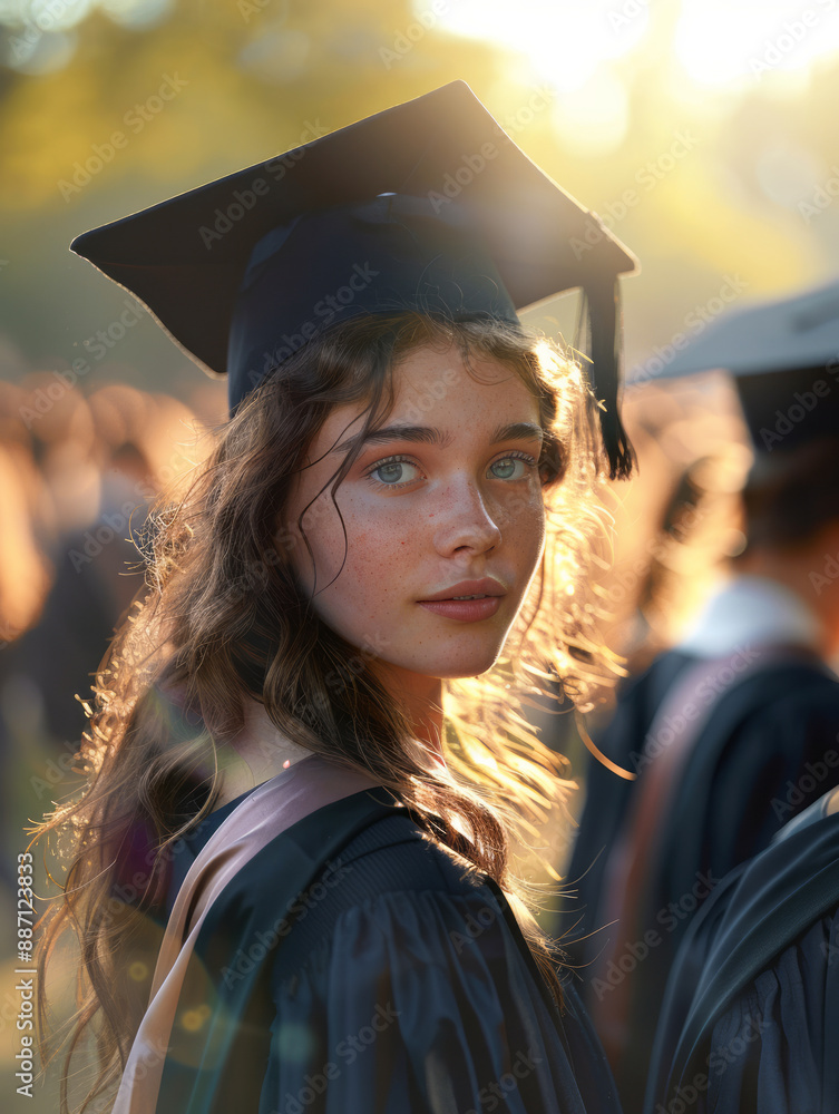 young girl in graduation outfit on graduation day outdoors with ...