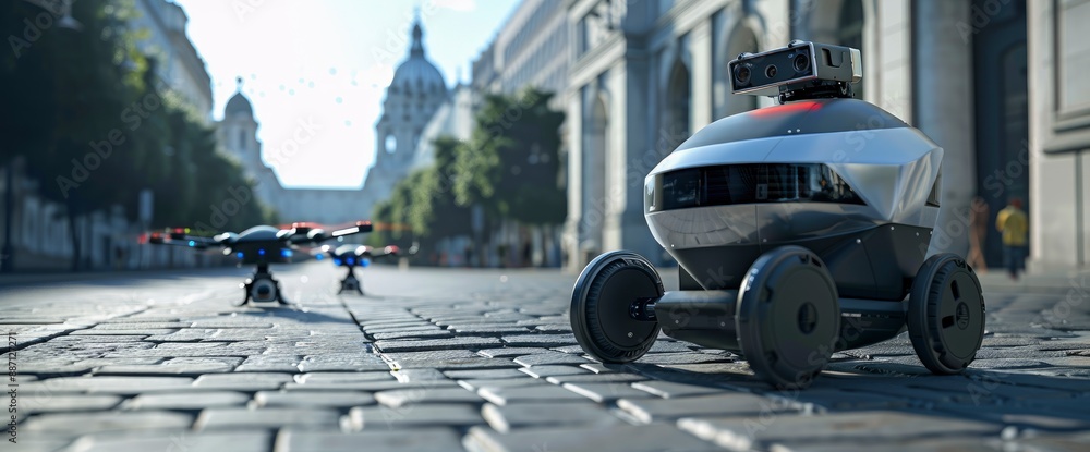 Depict an automated food delivery system with robots and drones Stock ...