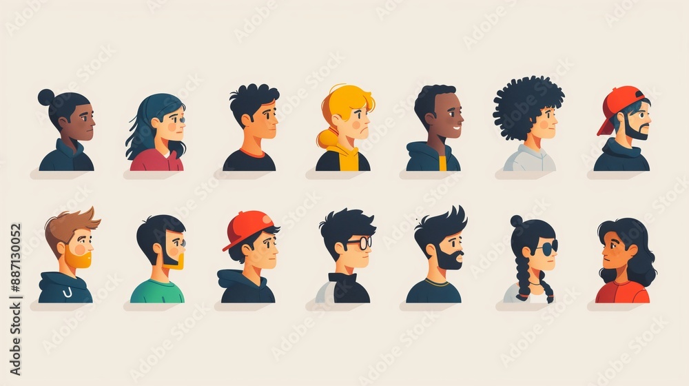 Digital Illustration Showing Profile Views of Diverse Cartoon ...