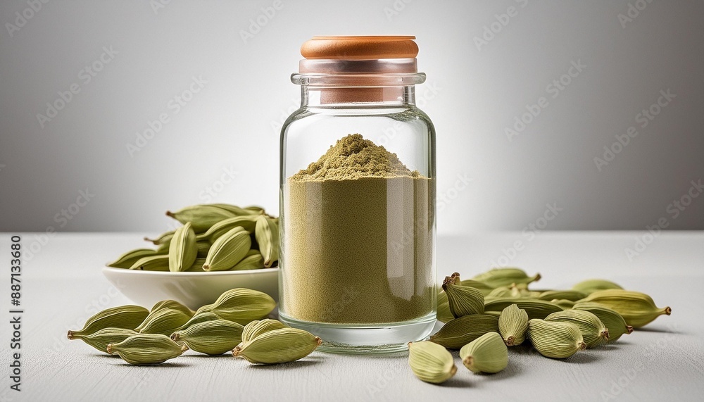 ground cardamom powder stored in a transparent glass bottle its exotic ...