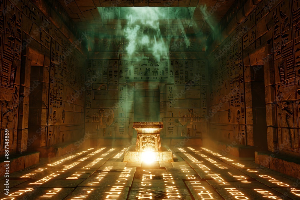 An ancient temple with walls inscribed with glowing text, the floor ...