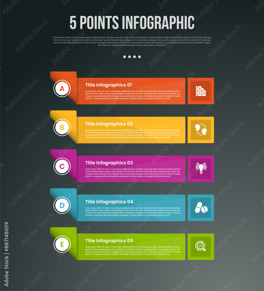 5 points or step process infographic with rectangle box stack with ...